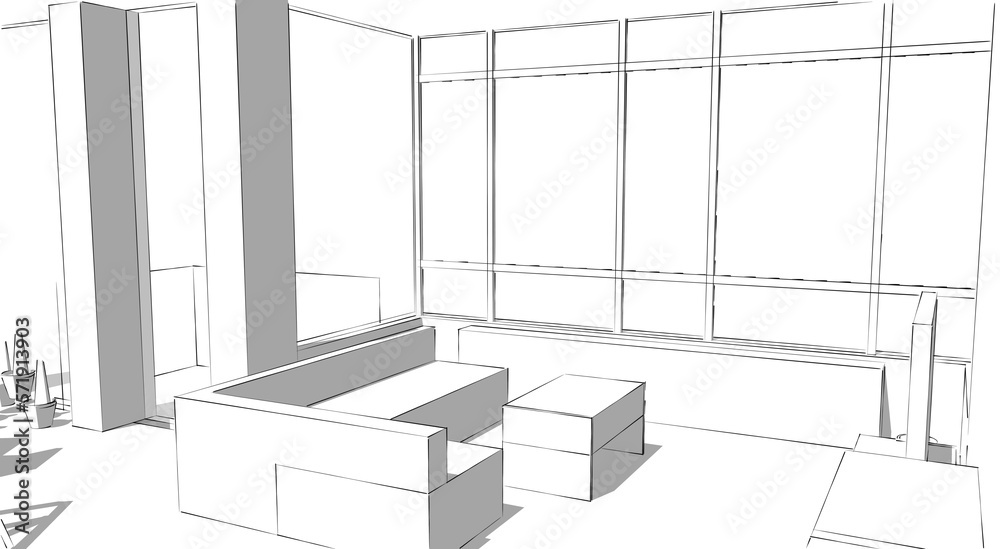 Partial perspective 3d illustration of a living room with balcony in a ...