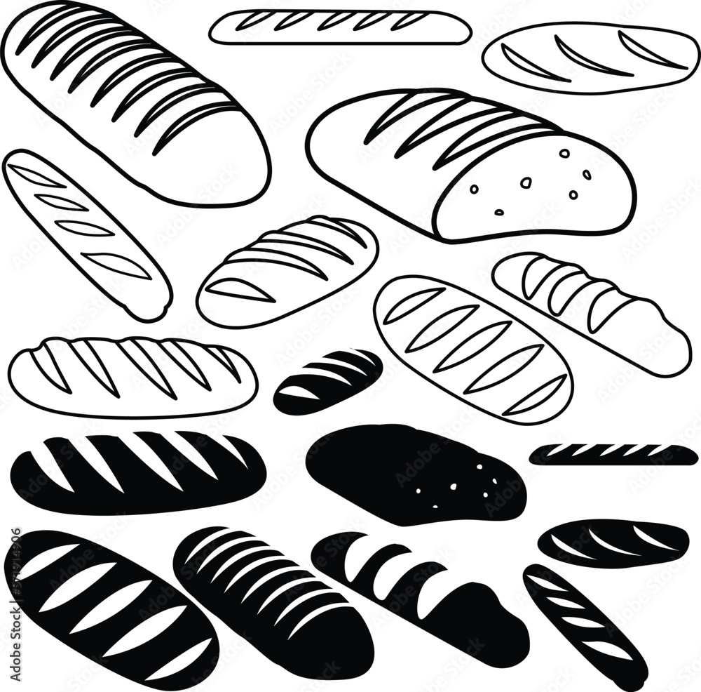 drawing of long loaf silhouette. set of different types of bread Stock ...