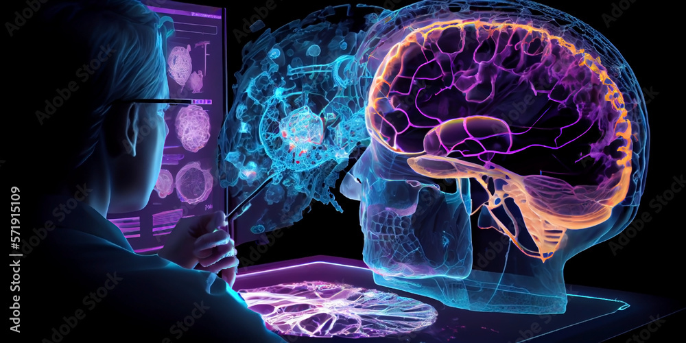 A doctor using advance holographic scanning. A patient's brain neuron ...