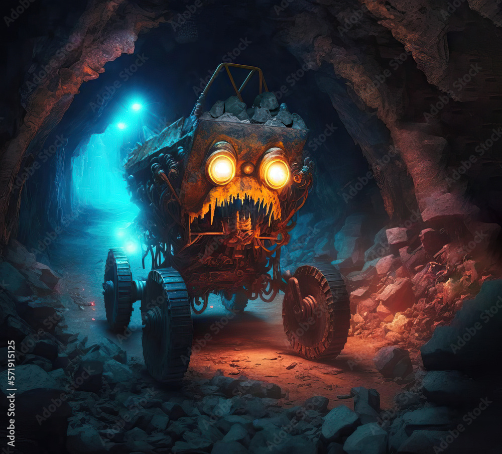 Crazy evil mining cart monster with glowing eyes in spooky abandoned ...