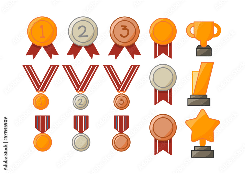 Cartoon award set. Winner achievement vector awards, medal and bowl ...