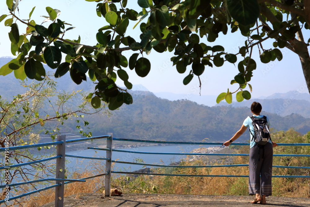 panoramic landscape view of beautiful river Narmada near the Statue of Unity in Gujarat, India ...