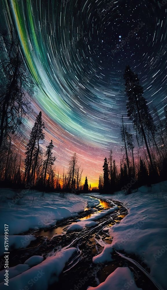 Amazing long exposure star trail night sky with coniferous forest ...