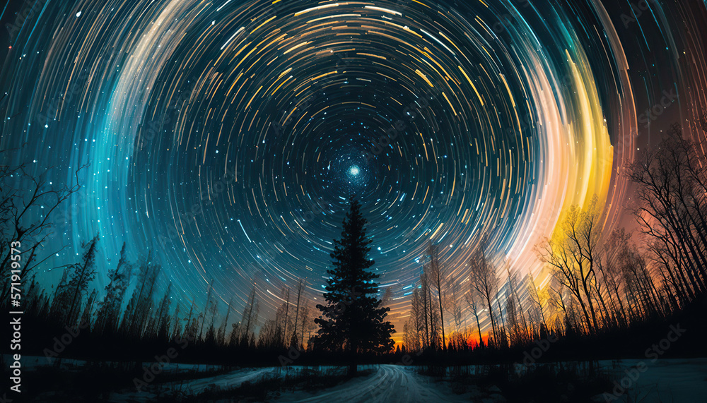 Stunning star trails motion time-lapse night sky with forest silhouette ...