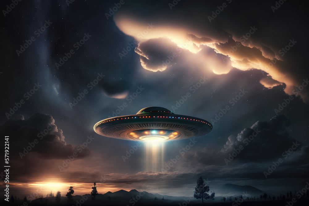 eerie alien ufo abduction lit up in the night sky made by generative ai Illustration Stock ...