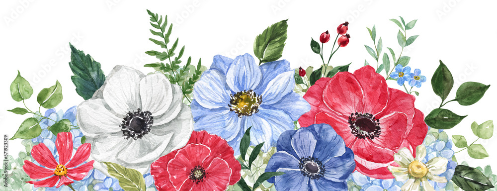 Botanical border. Watercolor red, blue and white flowers frame. Holiday ...