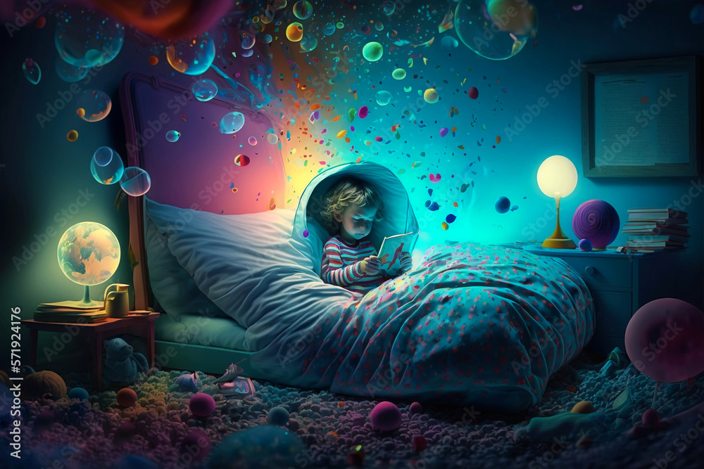 Bedtime. Boy reading a magical storybook in his room. Imagination of a ...