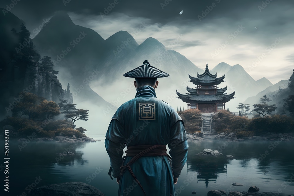 kung fu master in front of temple created using AI Generative ...
