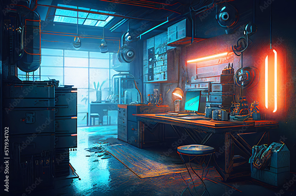 Futuristic Robot Workshop with Neon Lights in Dystopian Style ...