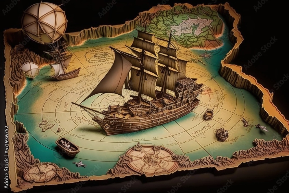 Pirate treasure map with pirate ship and sea, 3d style. Generate AI ...