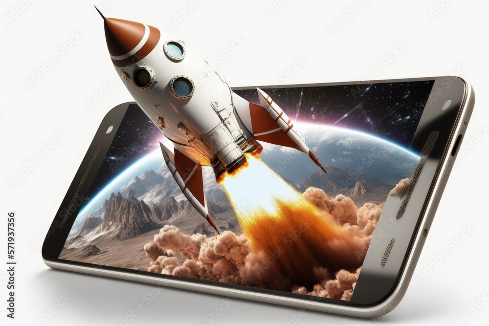 Rocket on coming out of mobile screen, cell phone, startup concept ...