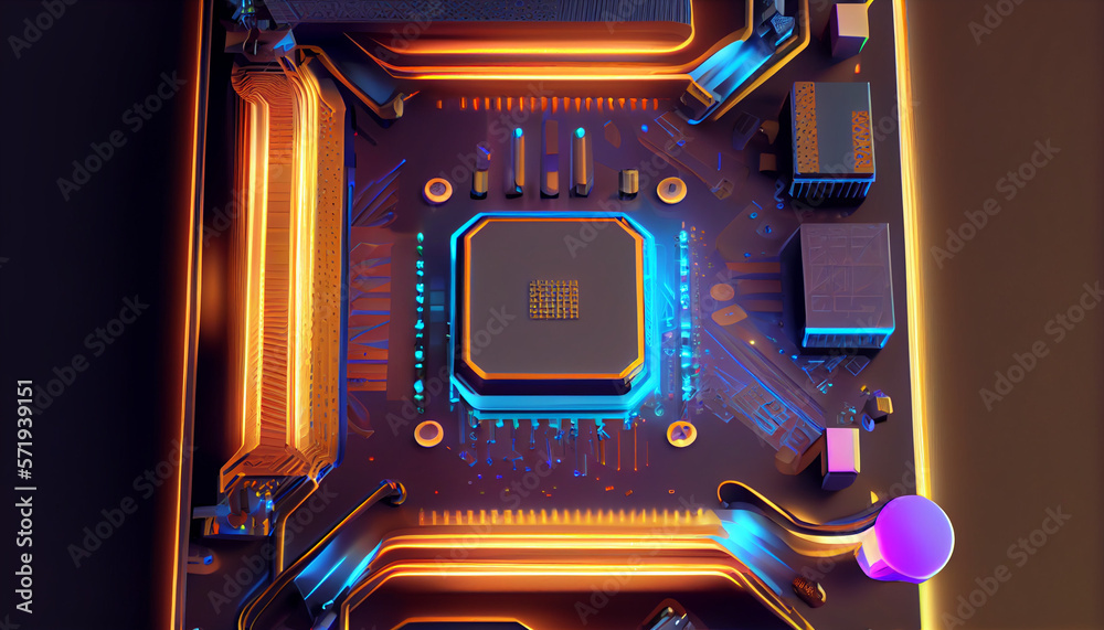 3D rendering abstract isometric clean render of luminescent processor ...