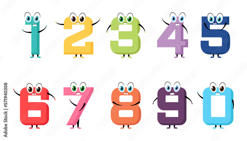Cute funny numbers. Adorable vector math characters. One, two, three ...