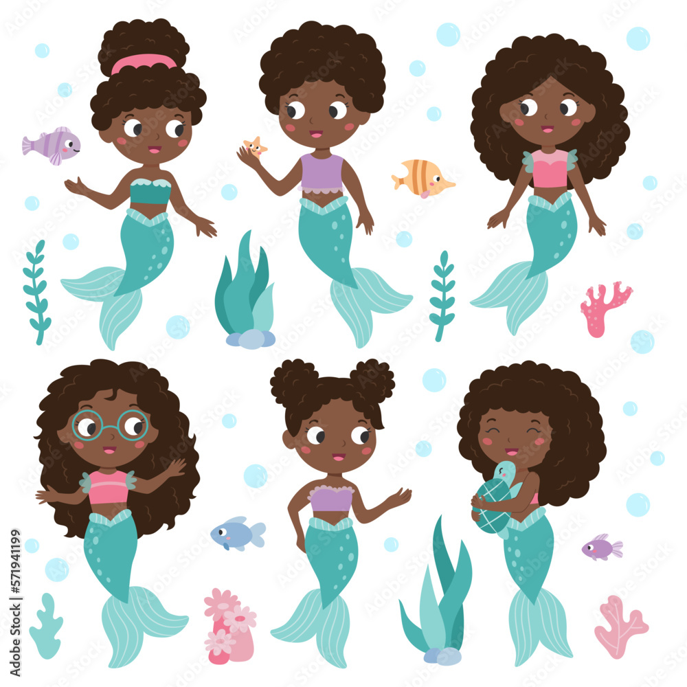 Vetor de Set of mermaid with dark skin and curly hair. Cute cartoon ...