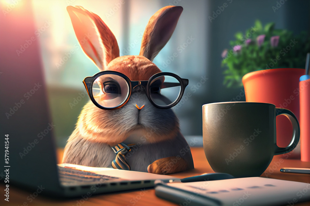 rabbit in glasses office worker at workplace, coffee break illustration ...