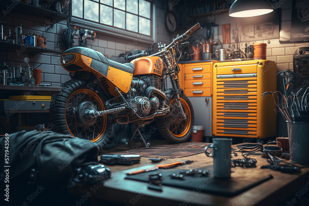 motorcycle repair garage, created by a neural network, Generative AI ...