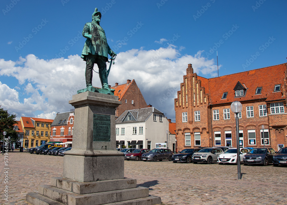 City square with a monument to the Danish king Frederick VII. Old ...