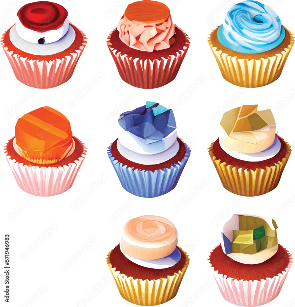 Set of drawings of cupcakes with various types of toppings from fruits ...