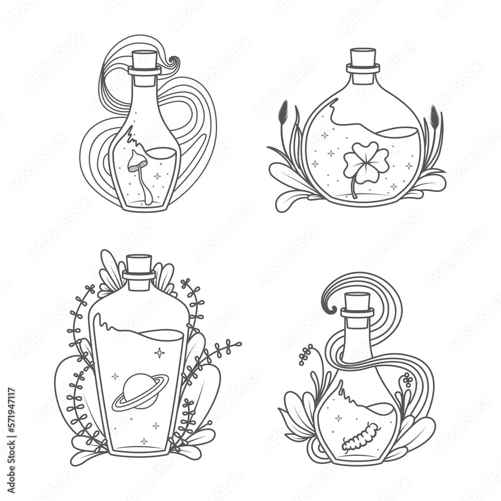 Magic Bottles collection - Coloring book page. Illustration on ...