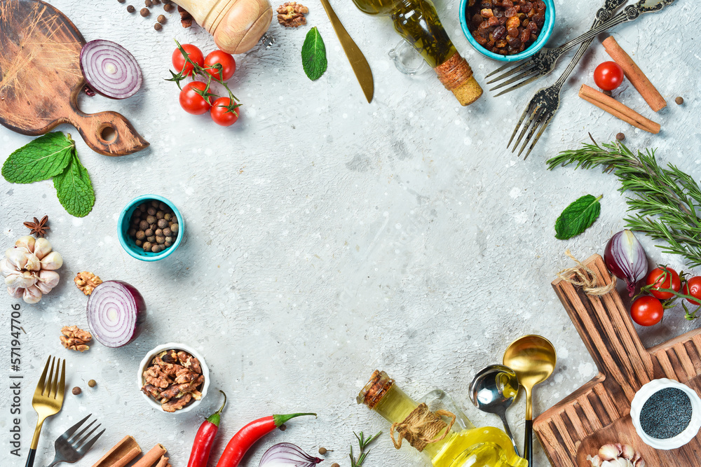 Cooking background: vegetables, spices and kitchen utensils on the ...