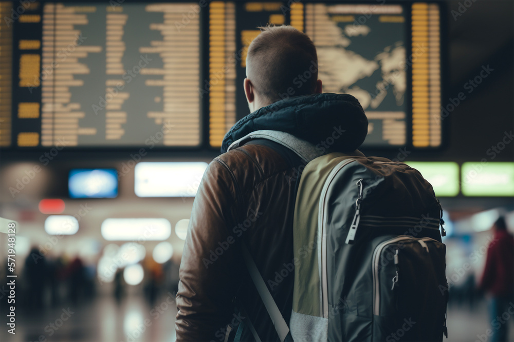 A man with small backpack in international airport looking at the ...