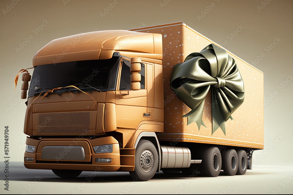 Truck tractor carries a huge gift box tied with a ribbon. Logistics ...