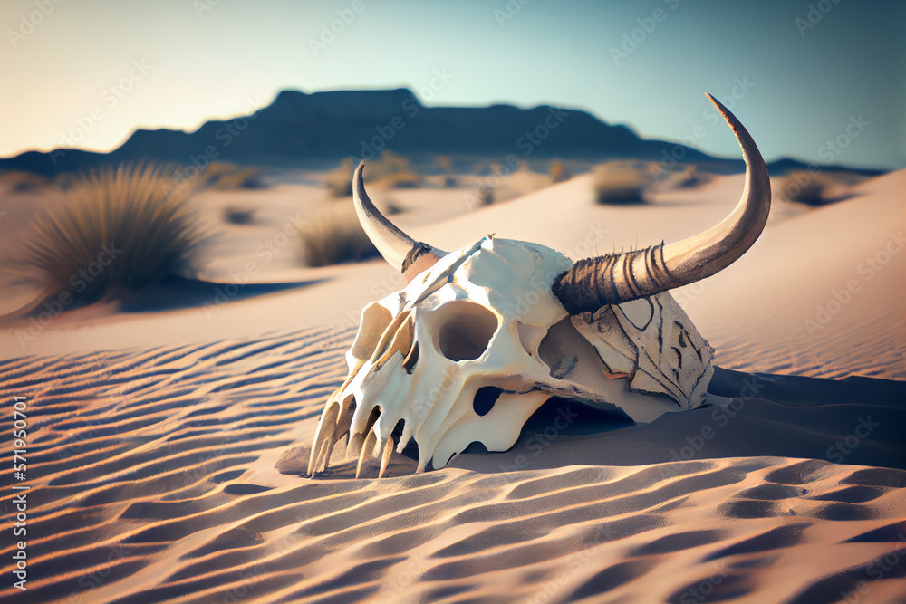 Skull of a horned animal in the desert sands. AI generated. Stock ...