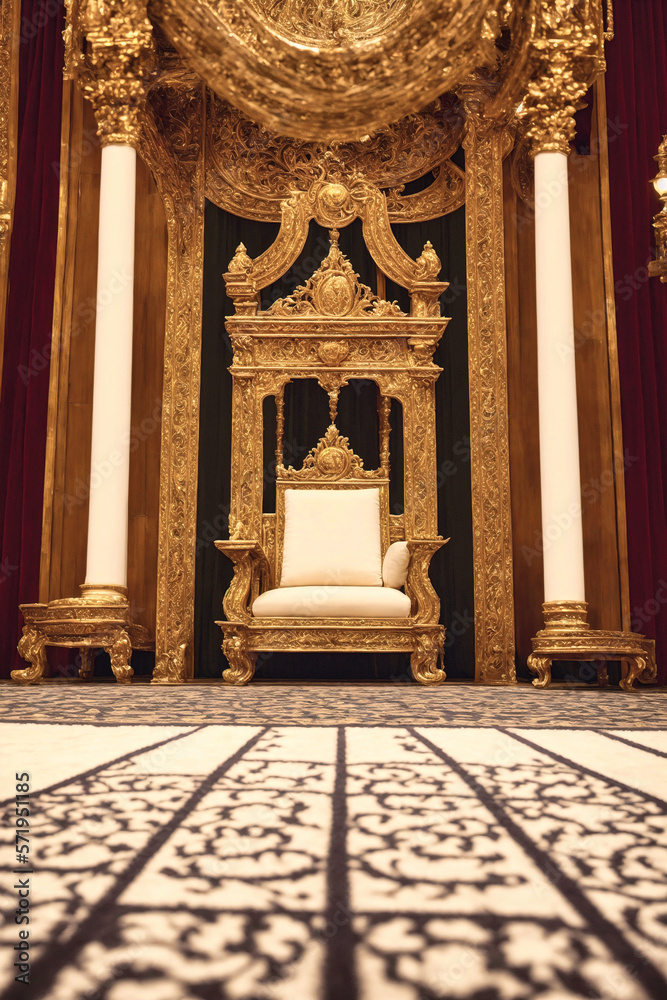 low angle view of empty royal throne chair made of gold and bright ...