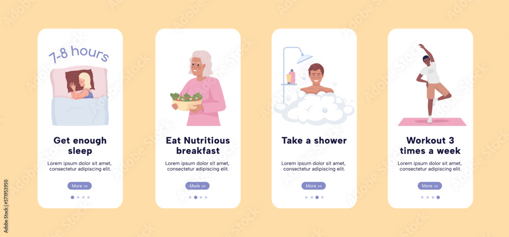 Effective morning routine onboarding mobile app screen flat template ...