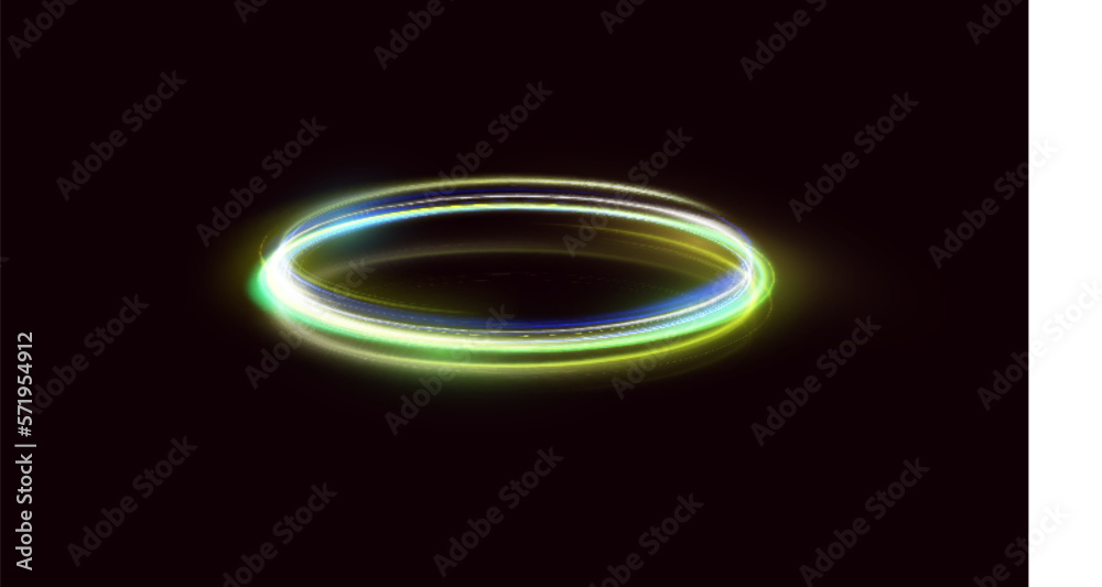 Abstract neon rings. A bright trail of luminous rays swirling in a fast ...