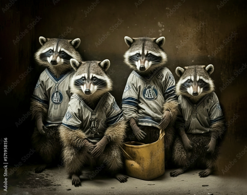 Team group of black and white raccoons wearing hockey jerseys standing in a dark alley looking ...