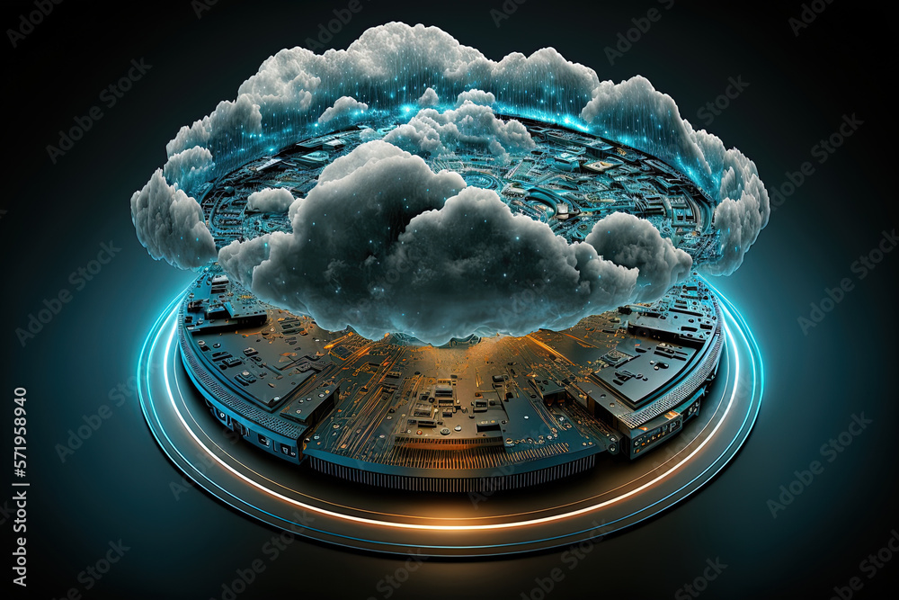Cloud storage database. Modern neon abstract. Sky with clouds, cyber ...