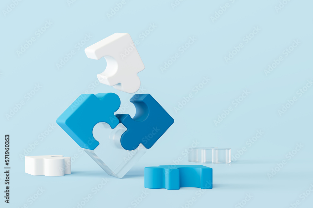 3D Clear blue color jigsaw puzzle pieces on Light blue background ...