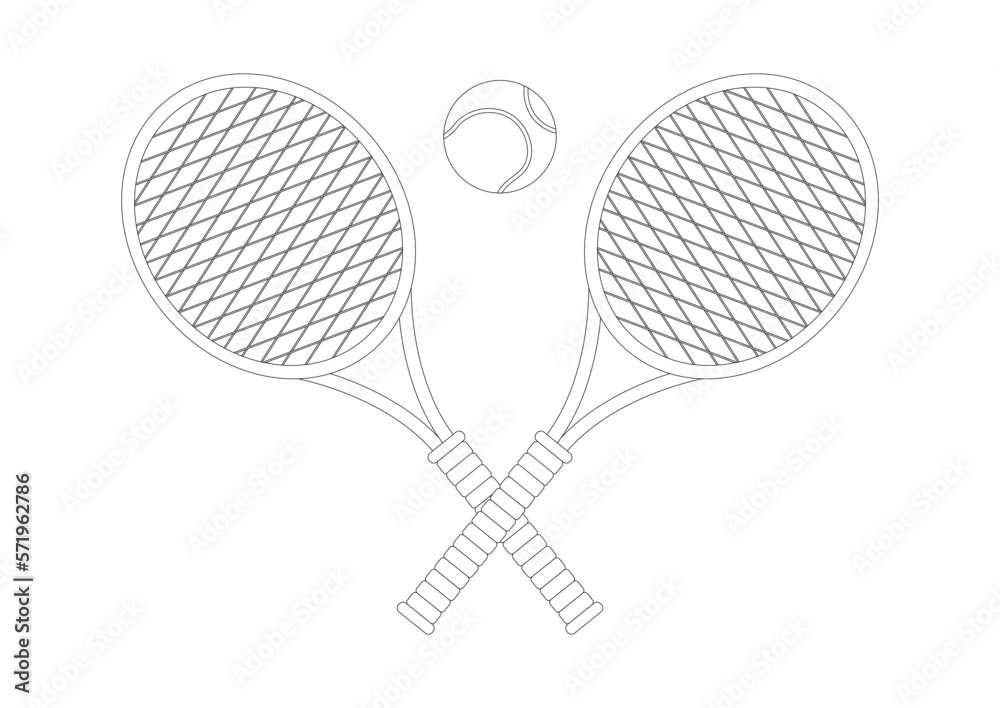 Black and white tennis rackets with tennis ball. Coloring page of ...