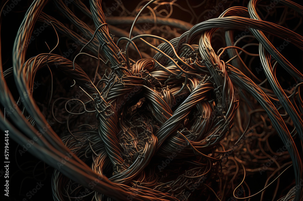 Interweaving metal wires and cables create a chaotic yet industrial ...