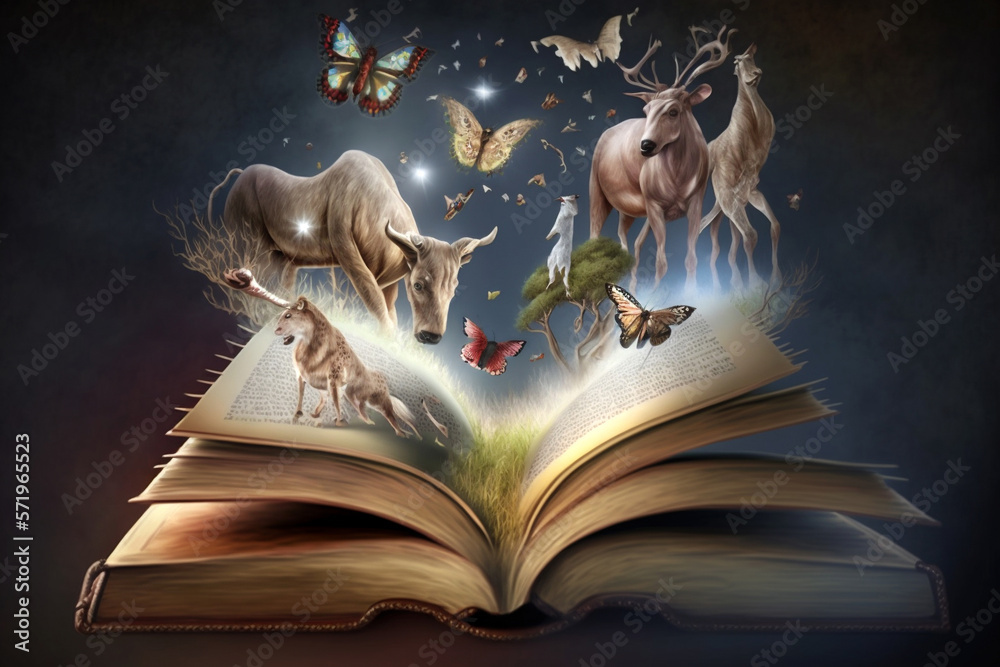 Generative IA illustration of an open book with fantastic animals ...