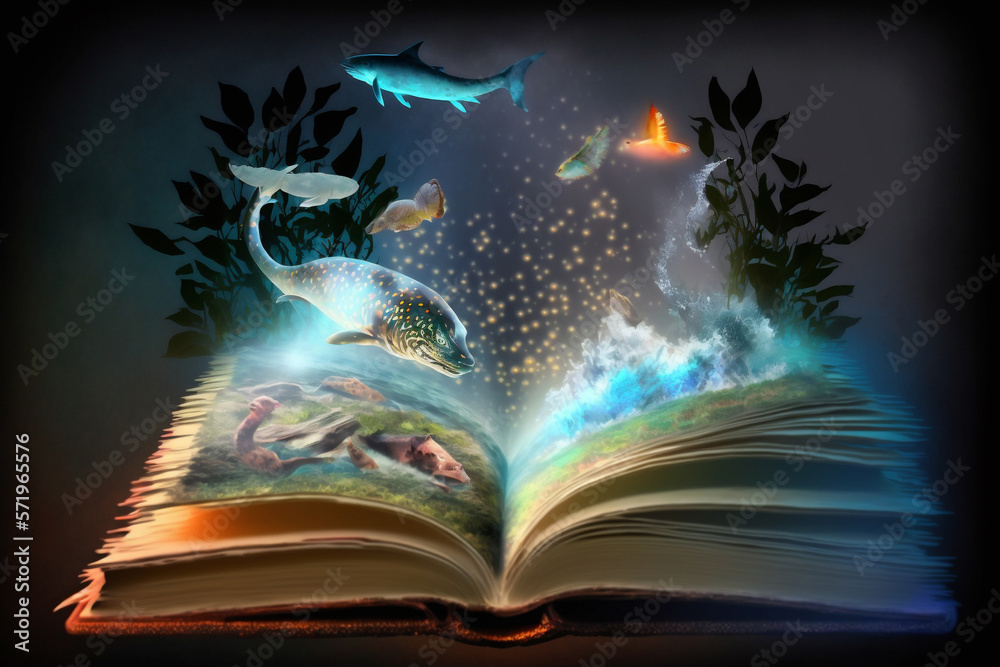 Generative IA illustration of an open book with fantastic animals ...