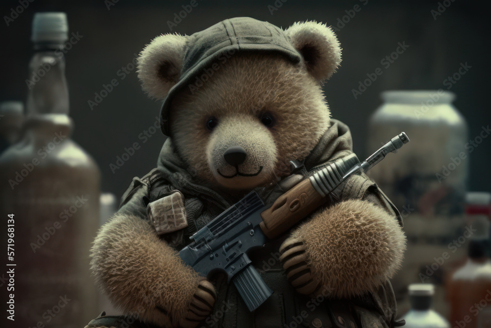 Teddy bear as a war soldier with a machine gun, symbolic representation ...