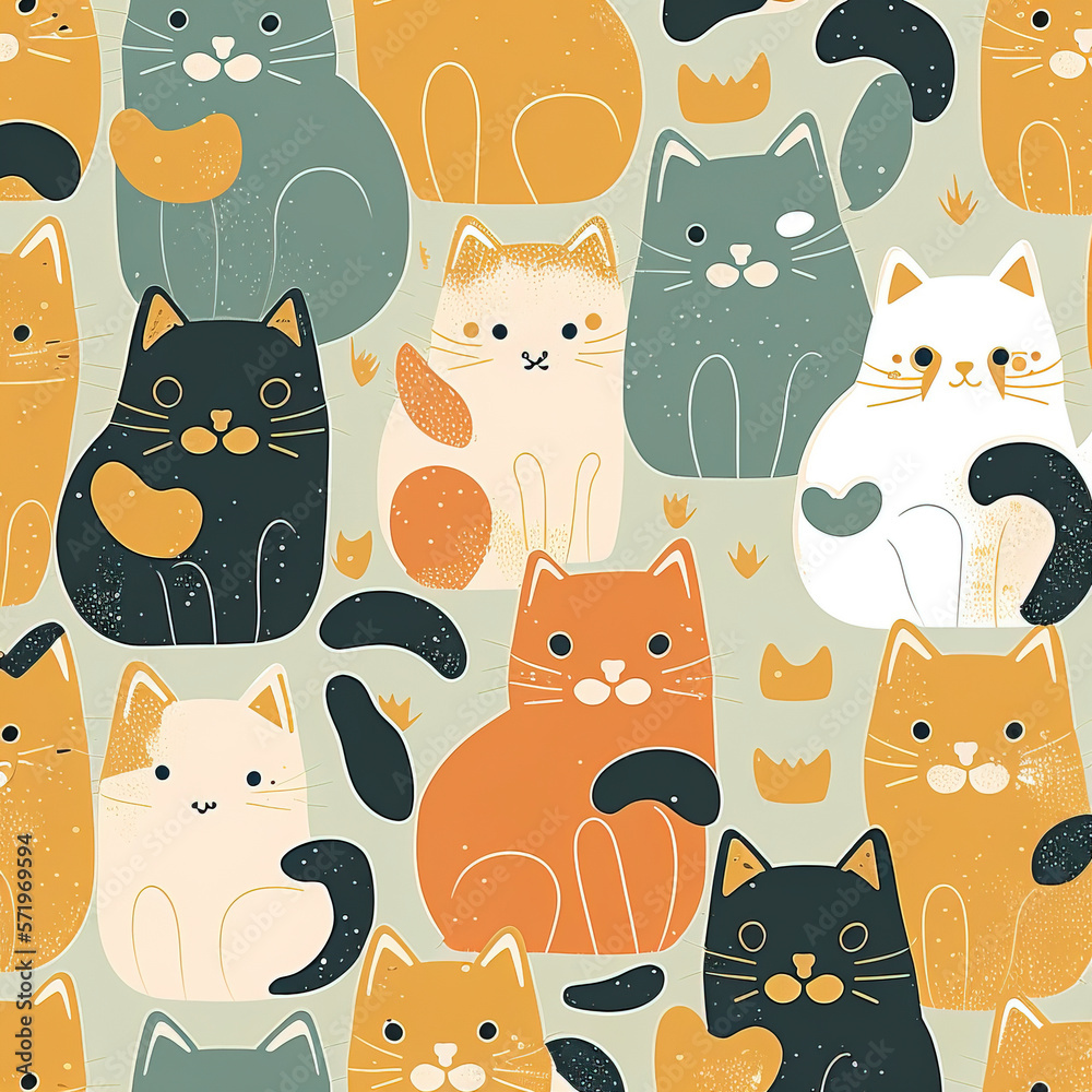 Cats, pattern of funny cartoons on colored backgrounds, illustration ...