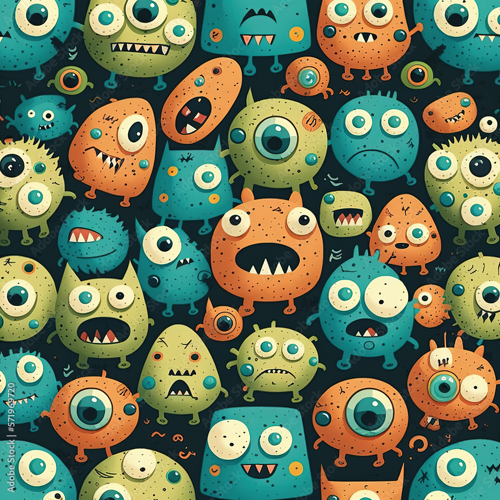 Monsters, pattern of funny cartoons on colored backgrounds ...
