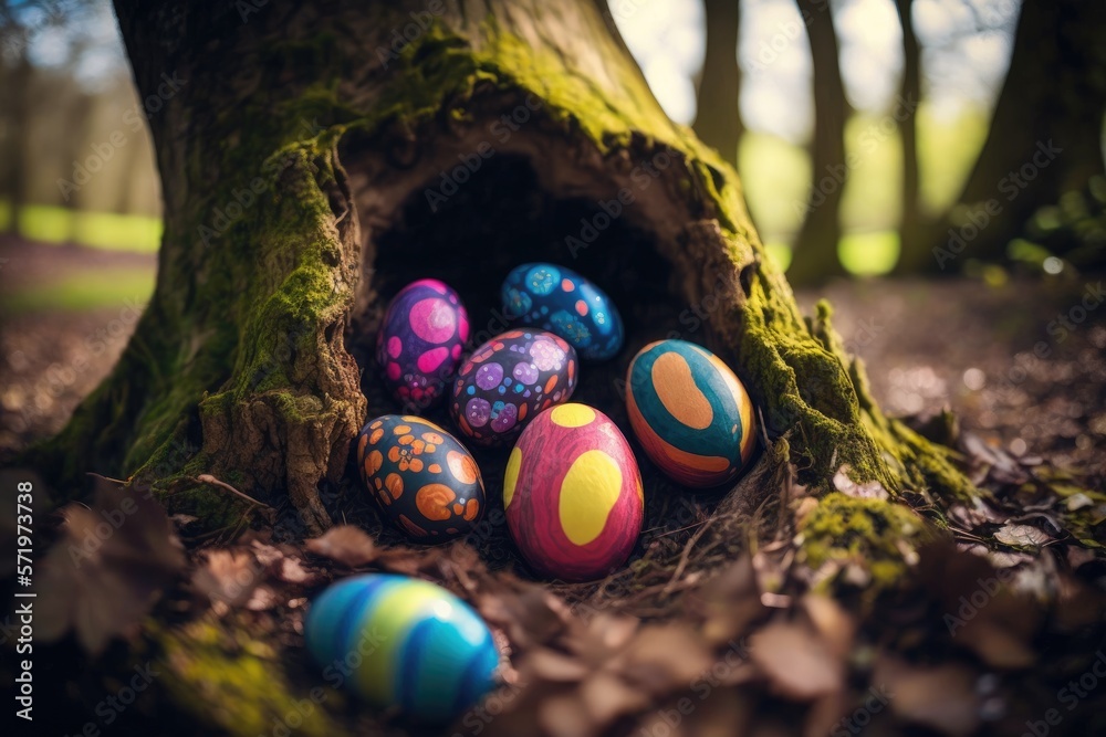 Painted eggs at the bottom of the tree to celebrate the tradition of Easter and Ostara Stock ...