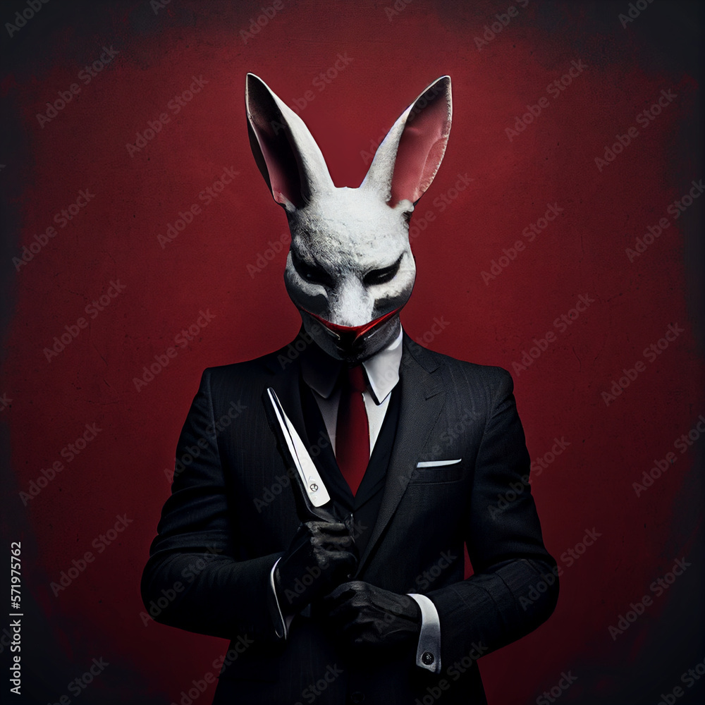Mysterious man in black suit with red tie wearing a white rabbit mask ...