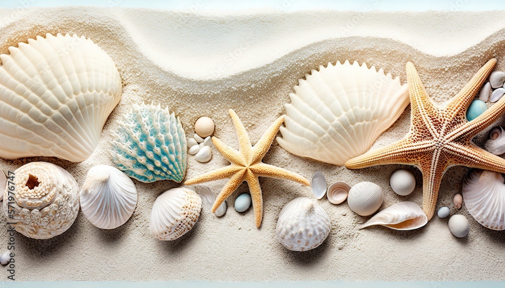 beach / sea themed banner or header with beautiful shells, corals and ...