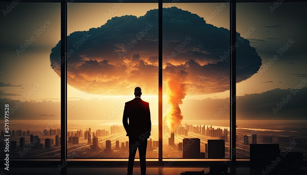 Businessman silhouette in office look through window to huge nuclear ...