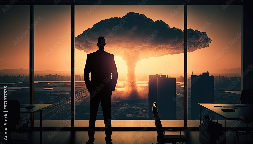 Businessman silhouette in office look through window to huge nuclear ...