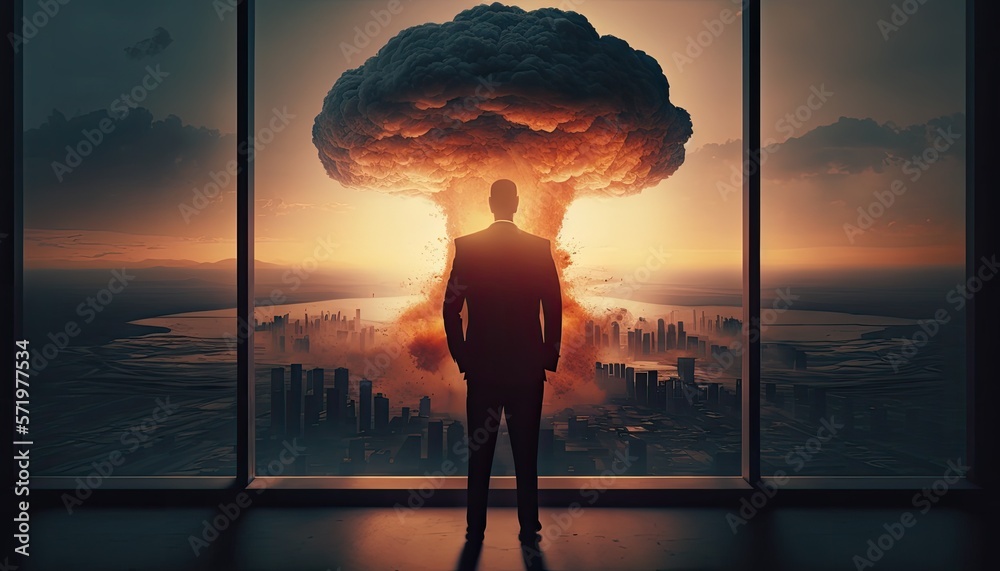 Businessman silhouette in office look through window to huge nuclear ...