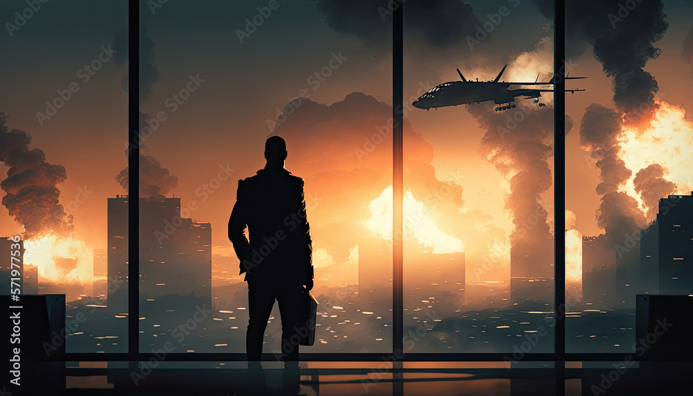 Businessman silhouette in office observe through window destruction of ...