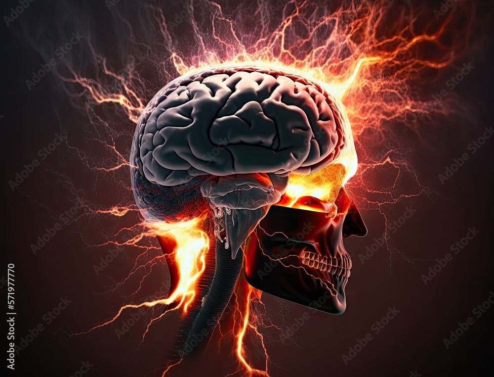 Human brain burning head headache illustration, strong bursting pain in ...