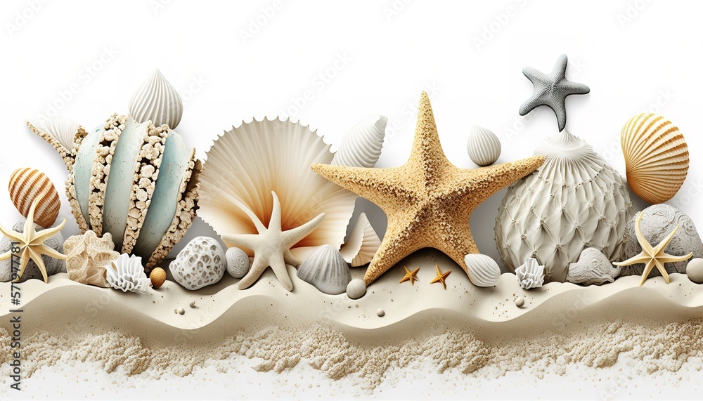 Summer travel background from beach sand with starfish and seashell ...