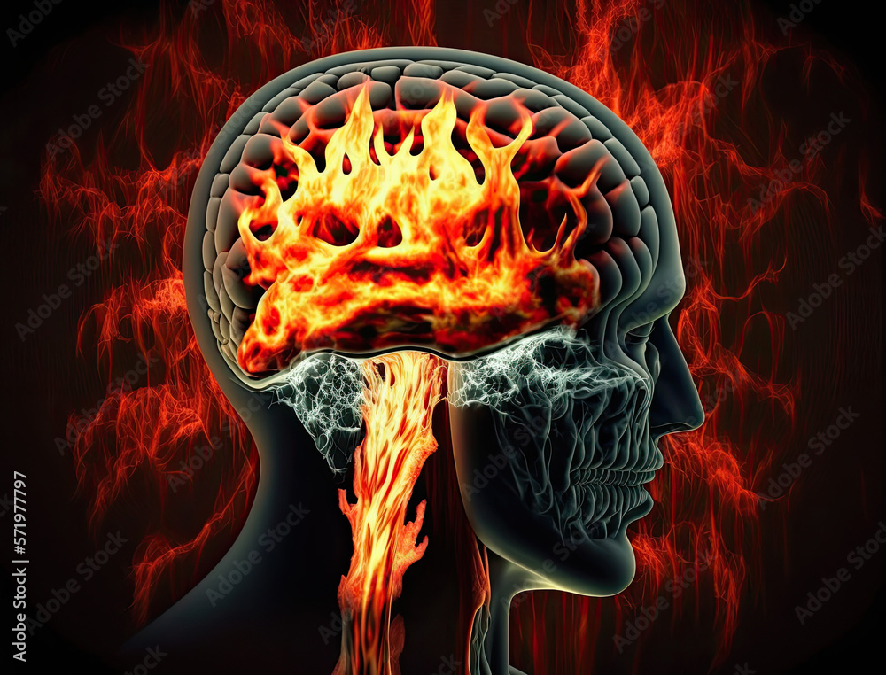 Human brain burning head headache illustration, strong bursting pain in ...